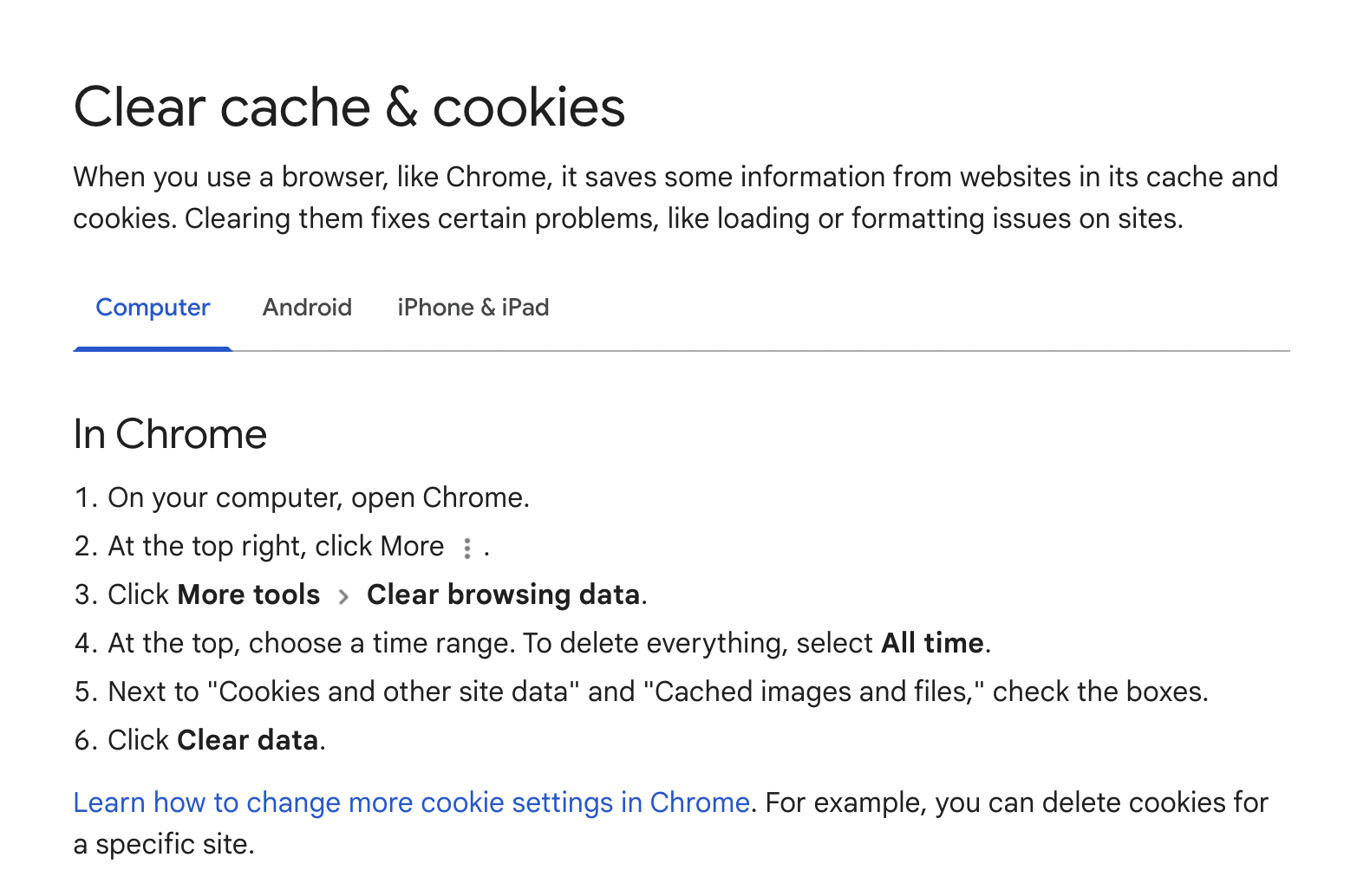 Clear cache and cookies