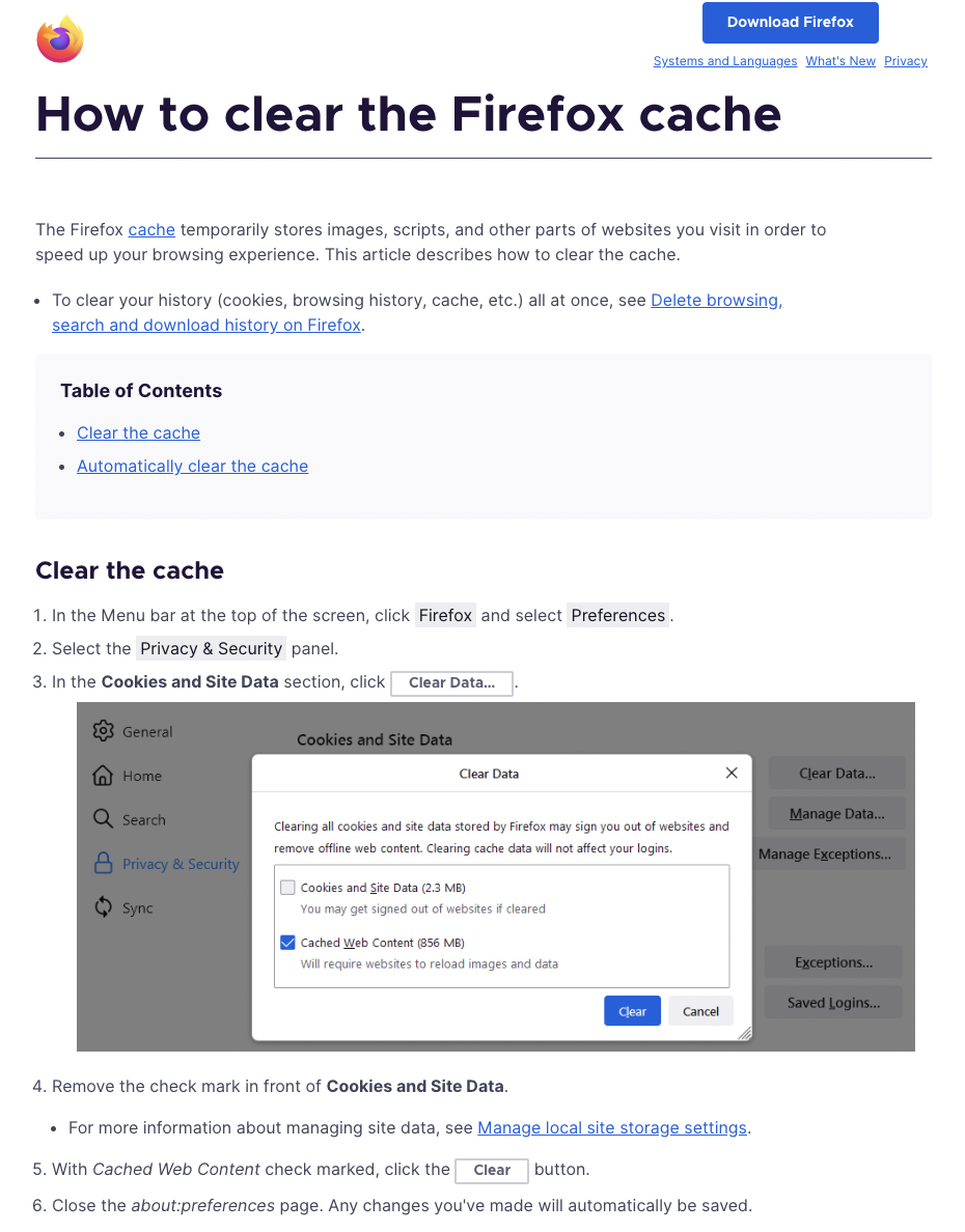 Clear cache and cookies